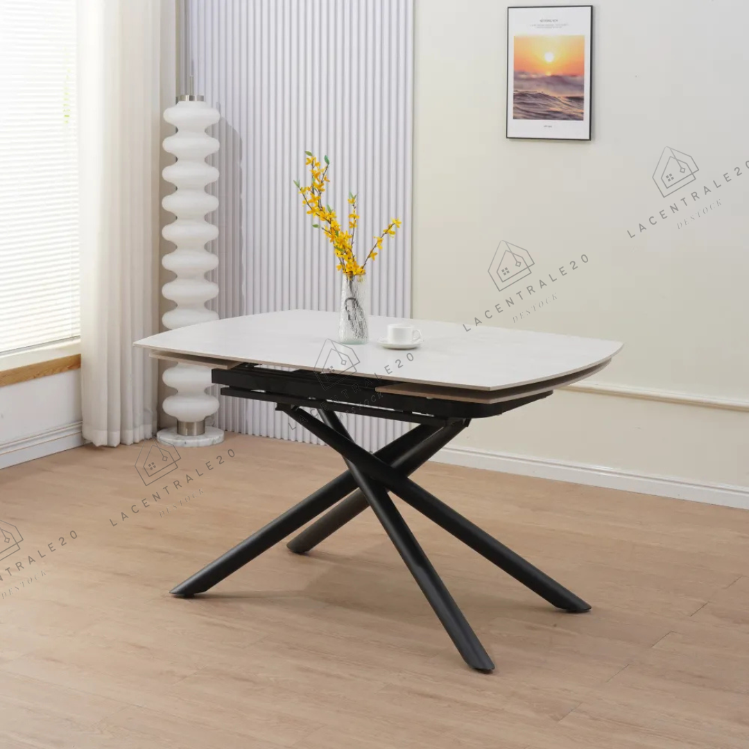 Table à manger - Extensible - Céramique Travertin Blanc - Nysa